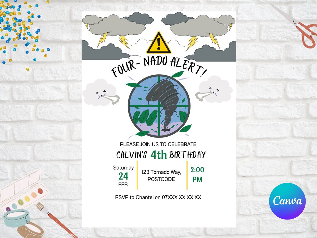 Editable Four-nado Tornado Themed Invitation Children's Fourth Birthday ...
