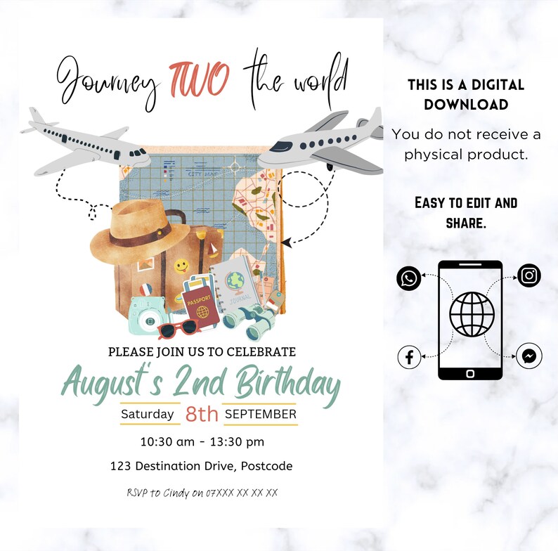 Editable Travel/adventure Invitation | 'journey TWO the World' Themed ...