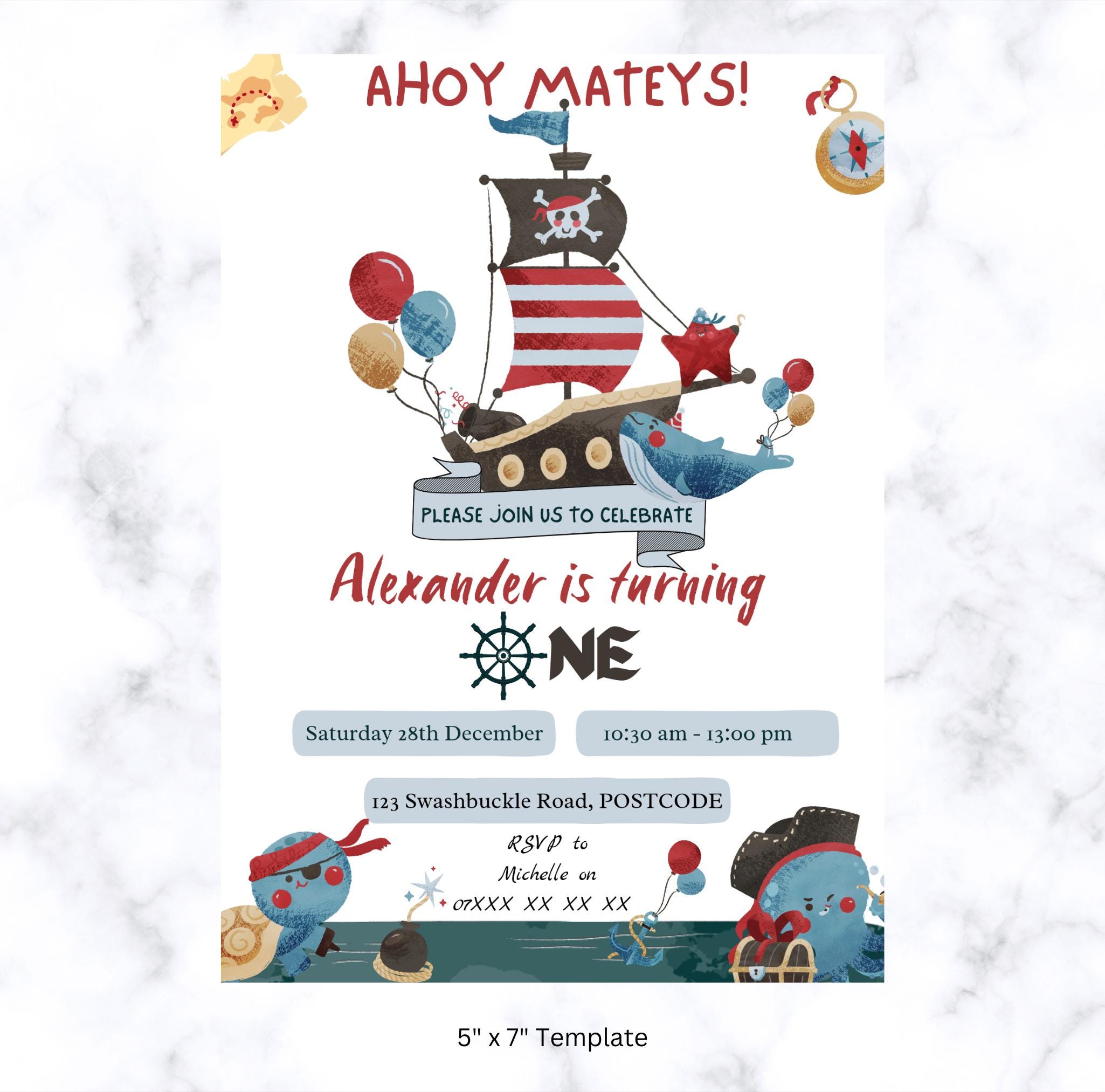 Editable Pirate Themed Children's First Birthday Party Invitation ...