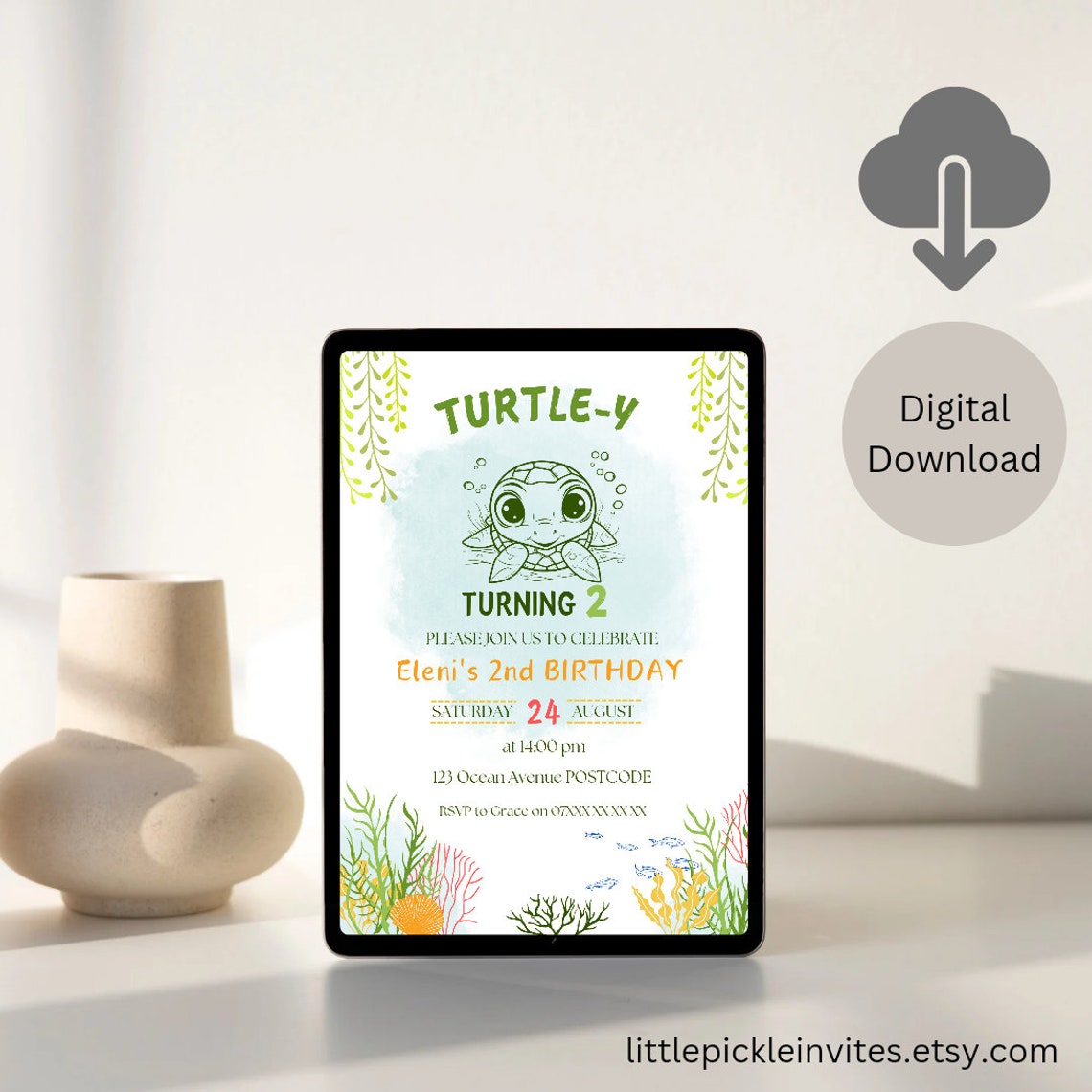 Editable Turtle 2nd Birthday Invitation Template | Turtle-y Two Invite ...
