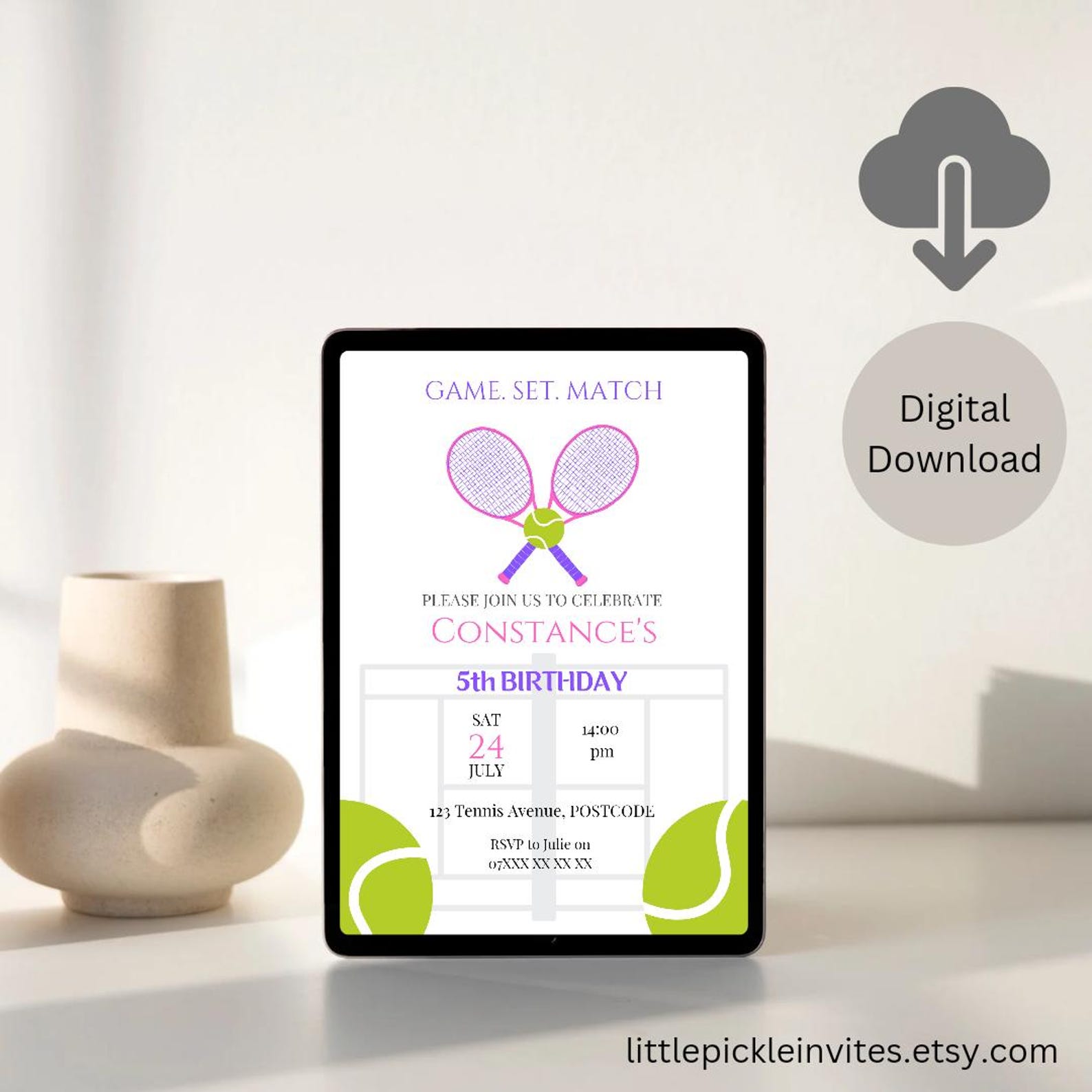 Editable Tennis 5th Birthday Invitation | Children's Printable Fifth ...