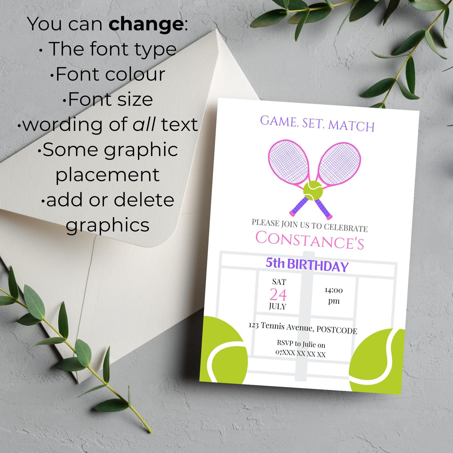 Editable Tennis 5th Birthday Invitation | Children's Printable Fifth ...