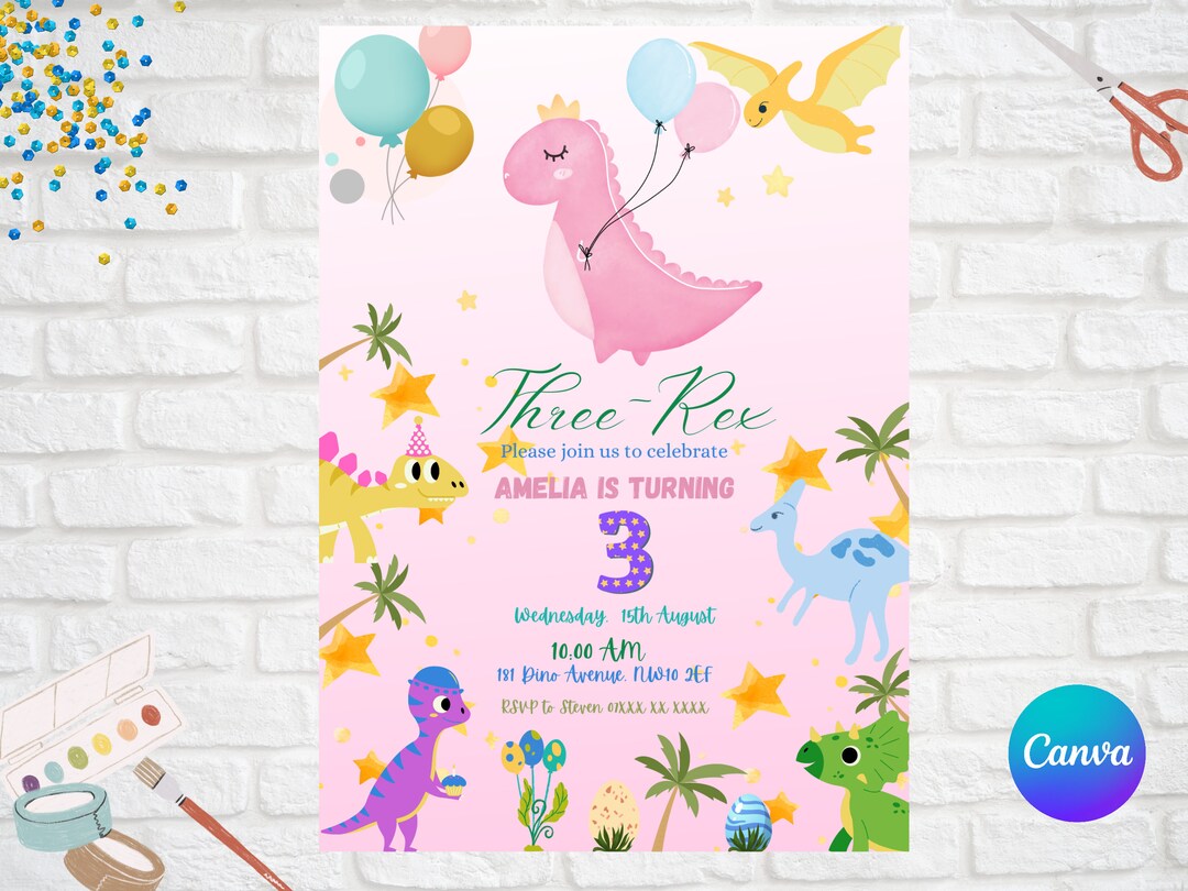 Editable Three Rex Pink Dinosaur Themed Birthday Party Invitation ...
