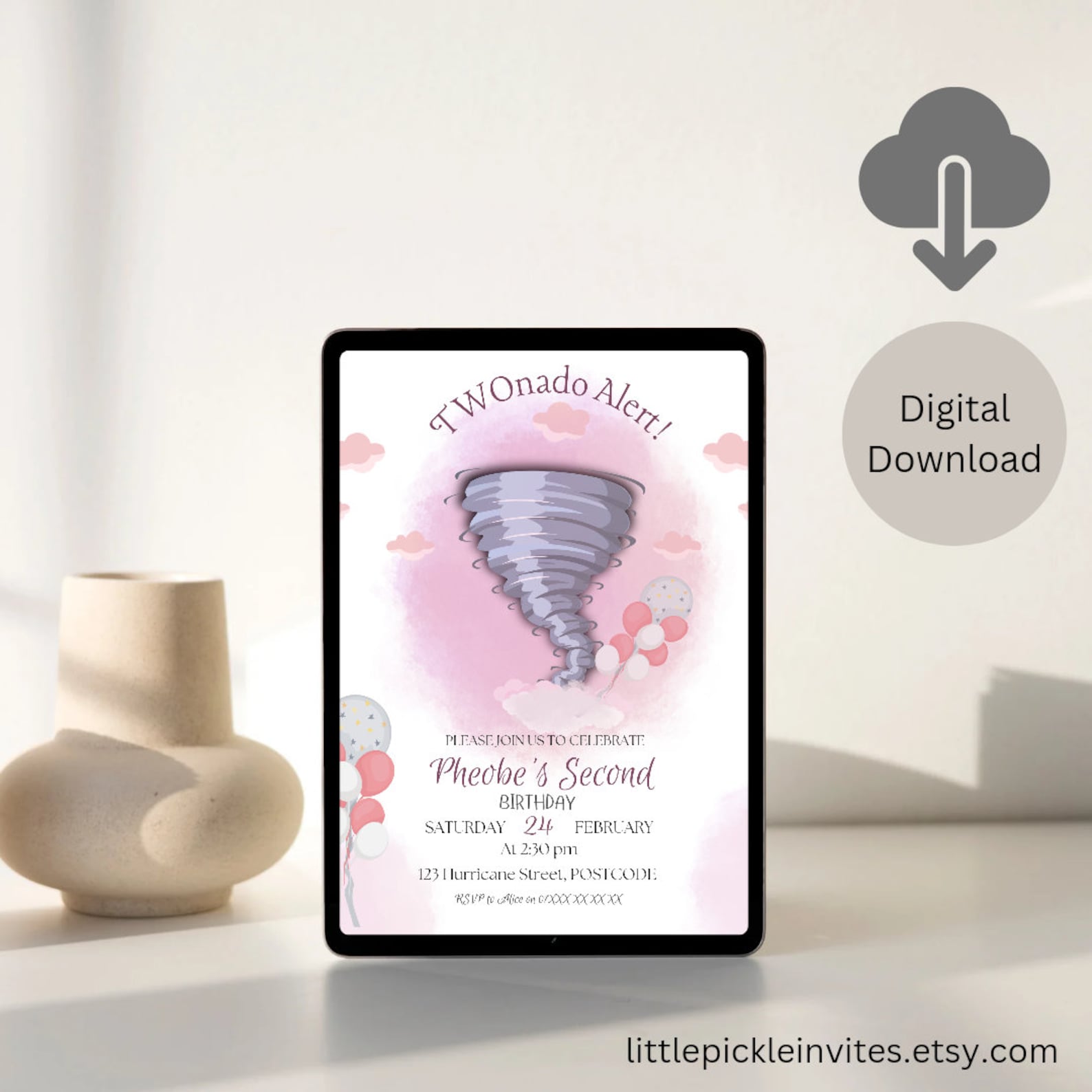 Editable Pink Twonado Invitation | Children's Birthday Party Invite ...