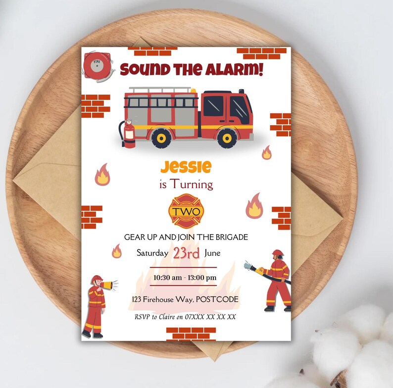 Editable Firefighter Themed Second Birthday Invitation | Customisable ...