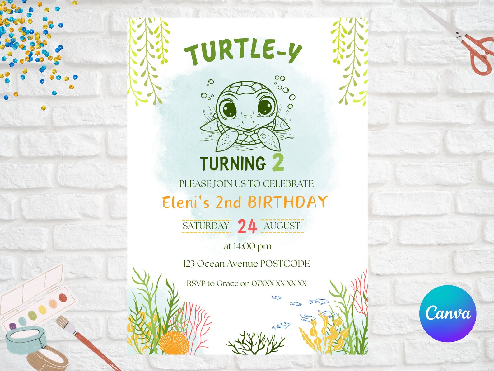 Editable Turtle 2nd Birthday Invitation Template Turtle-y Two Invite ...