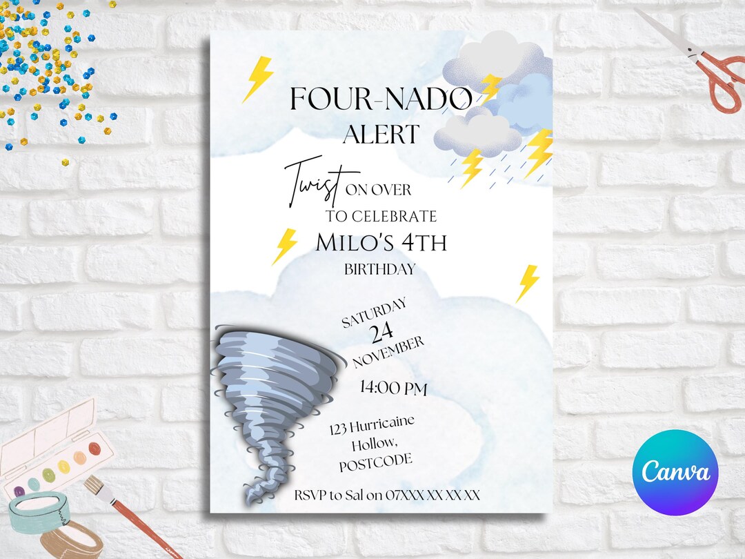 Editable Fournado Tornado Themed Children's 4th Birthday Party ...