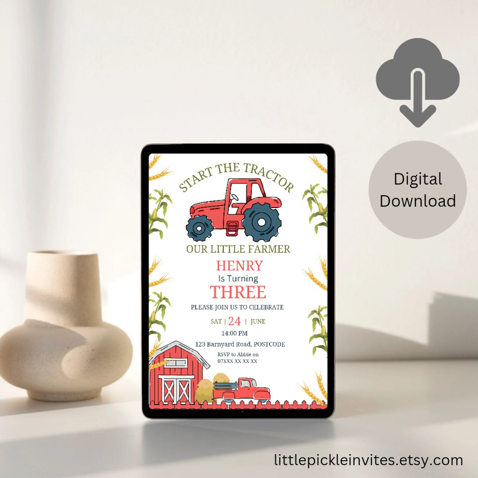 Editable Farm Tractor Invitation | Children's 3rd Birthday Party Invite ...