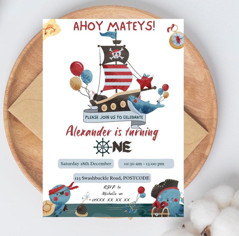 Editable Pirate Themed Children's First Birthday Party Invitation ...