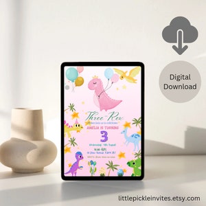 Editable Three Rex Pink Dinosaur Themed Birthday Party Invitation ...