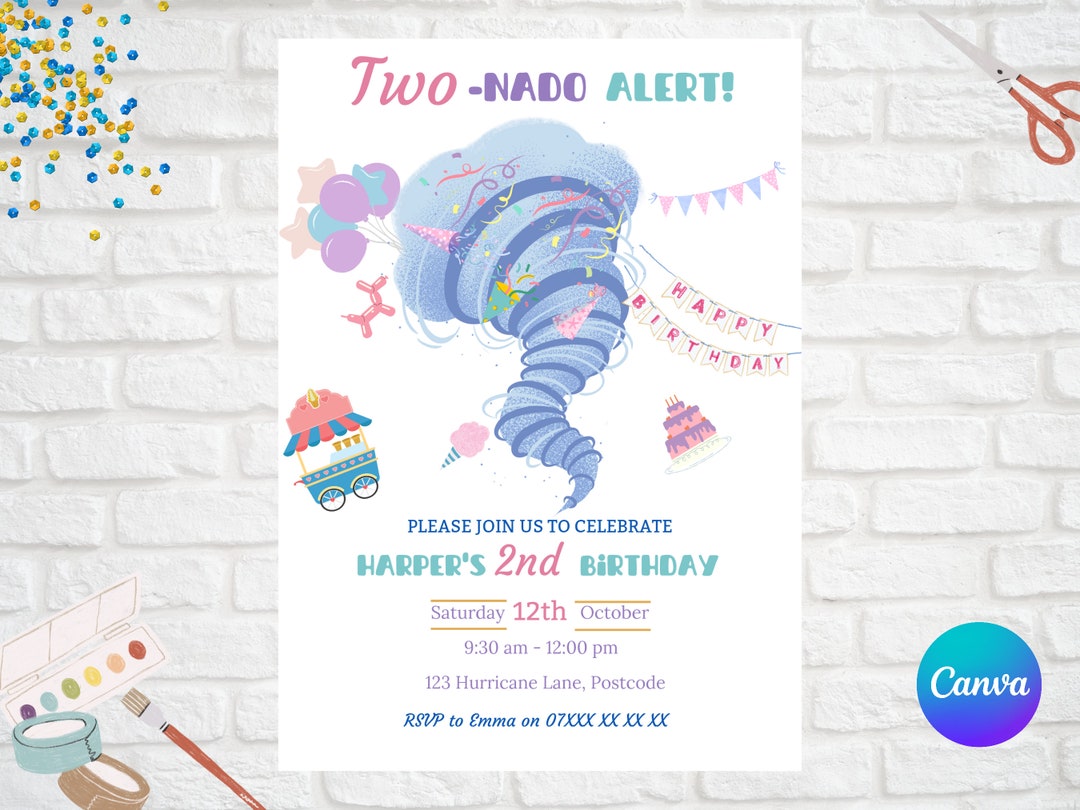 Editable 'two-nado' Second Birthday Themed Children's Birthday Party ...
