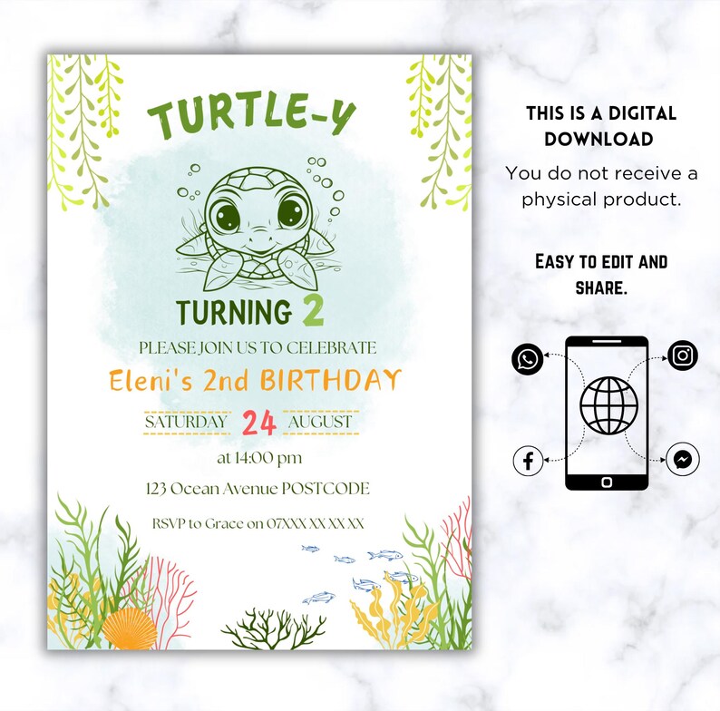 Editable Turtle 2nd Birthday Invitation Template | Turtle-y Two Invite ...