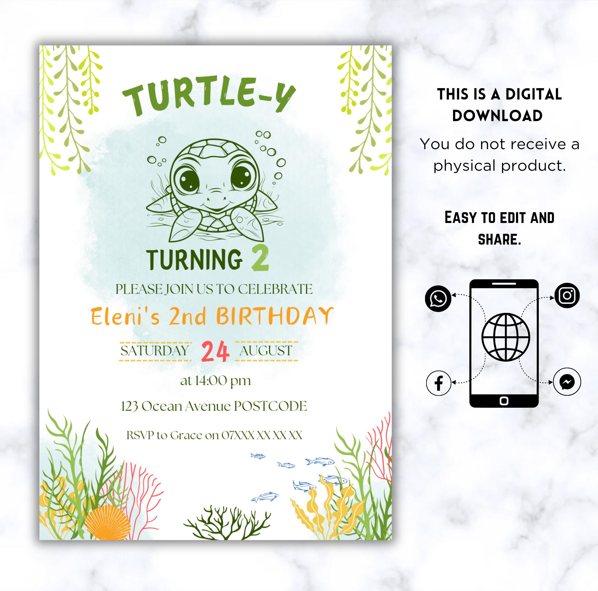Editable Turtle 2nd Birthday Invitation Template | Turtle-y Two Invite ...
