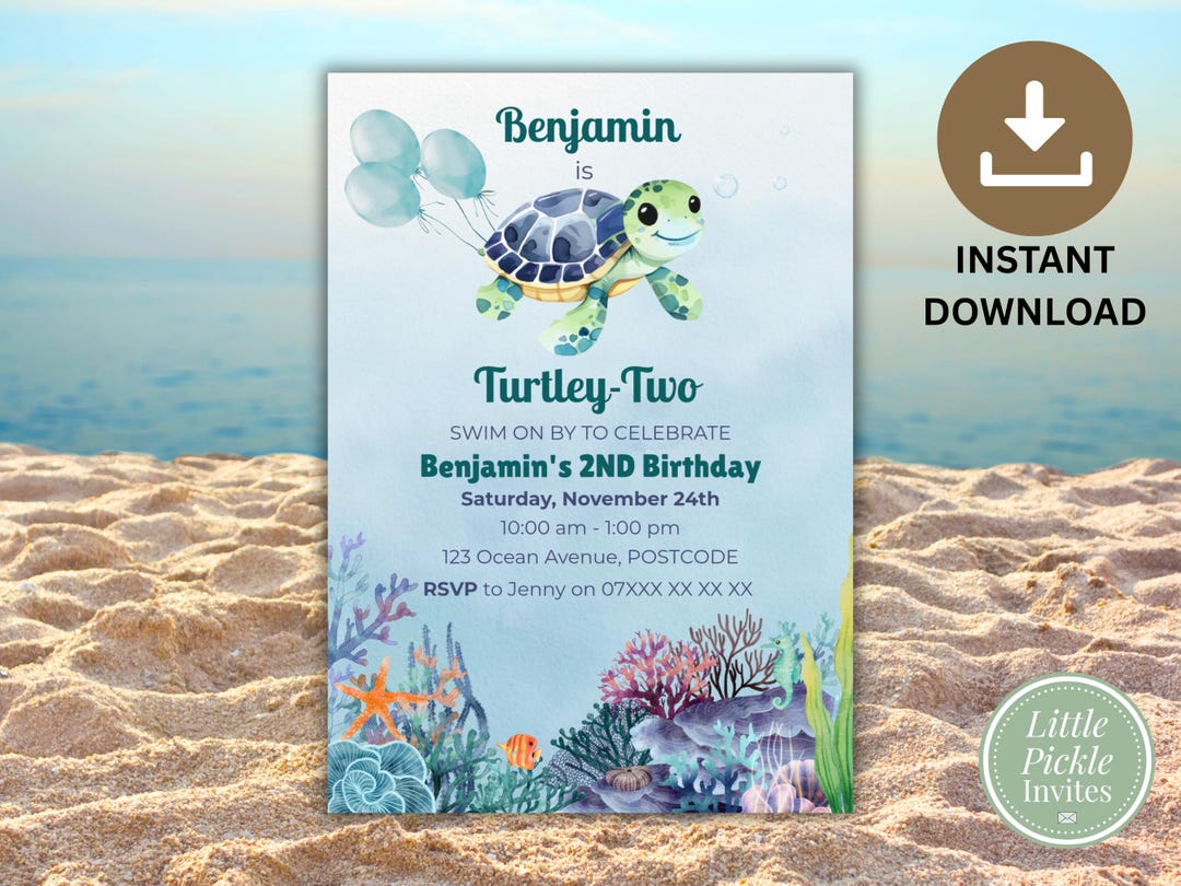 Turtley Two 2nd Birthday Invitation: Under the Sea Party (editable ...