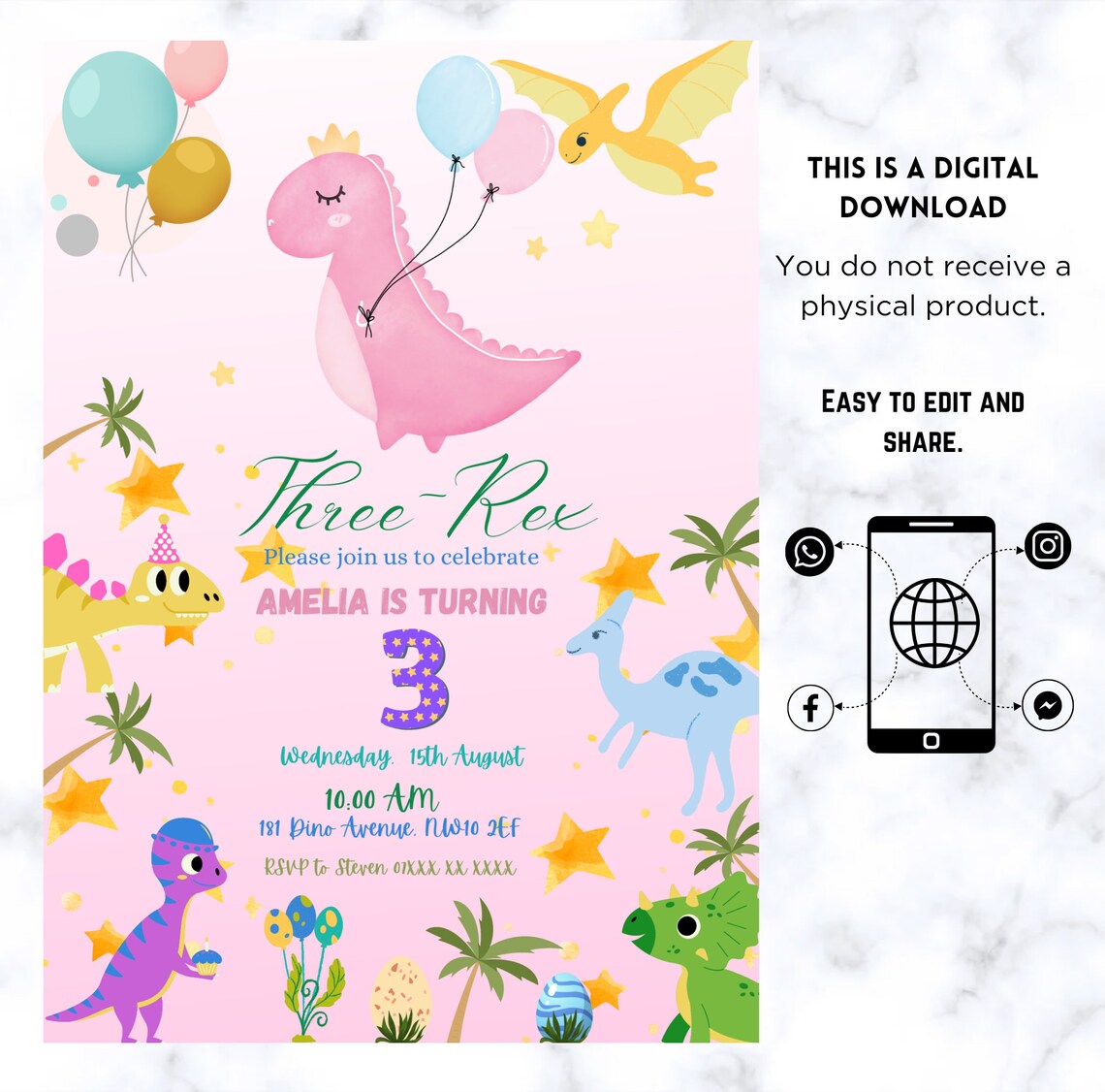 Editable Three Rex Pink Dinosaur Themed Birthday Party Invitation ...