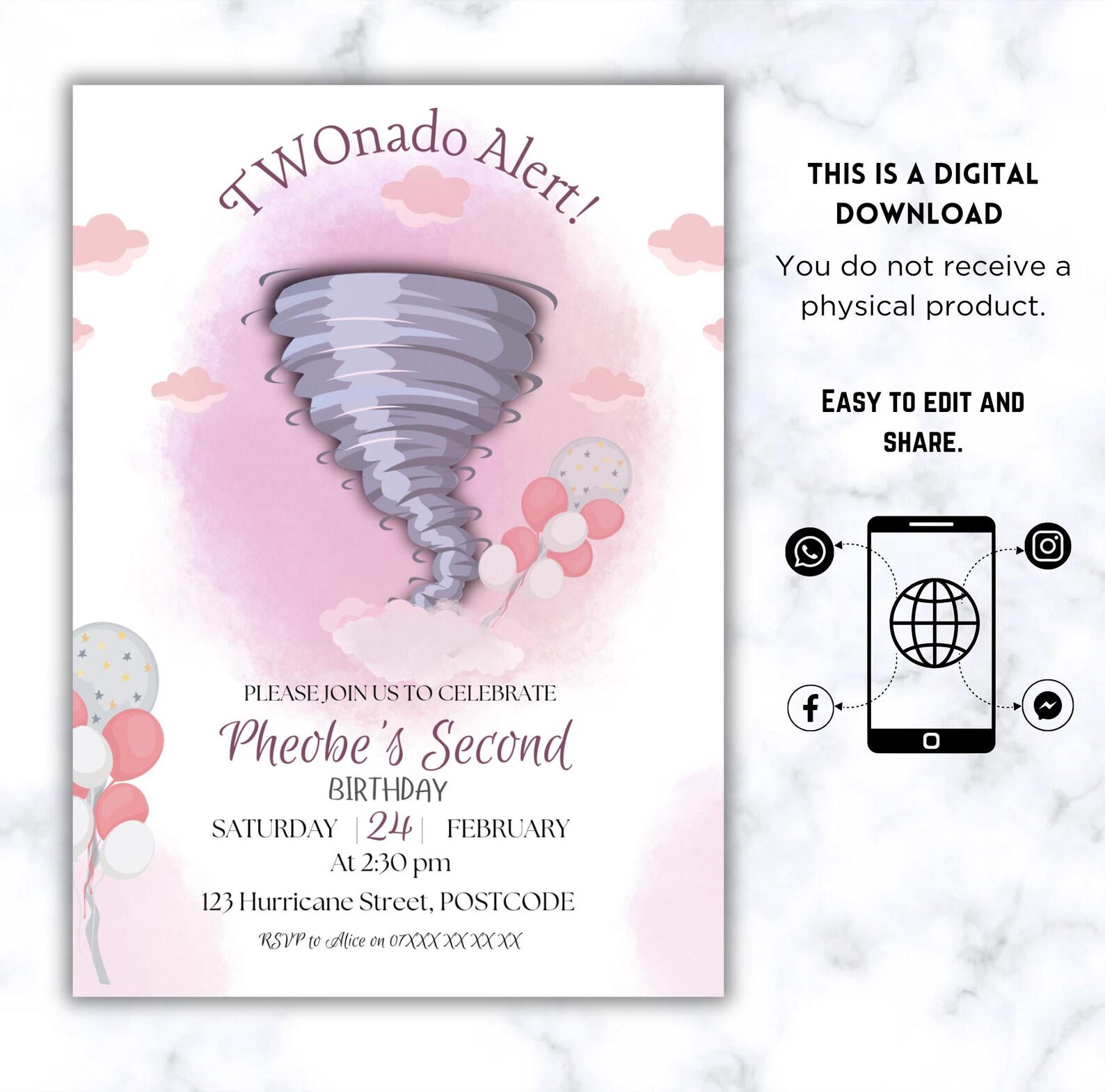 Editable Pink Twonado Invitation | Children's Birthday Party Invite ...