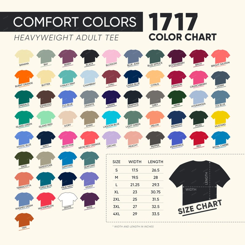 Comfort Colors 1717 Color Chart & Size Chart | Heavyweight Adult Tee ...