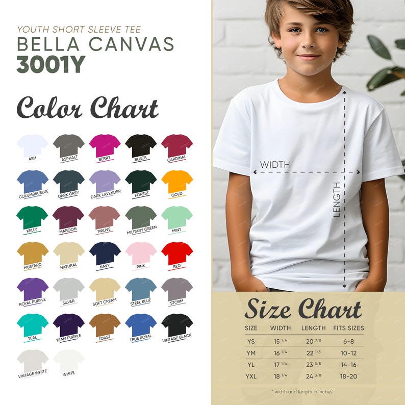 Bella Canvas 3001Y Color Chart & Size Chart | Youth Short Sleeve Tee ...