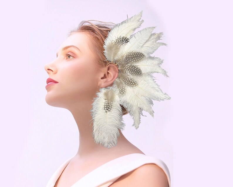 White Ostrich Feather Ear Cuff, Indians Feather Ear Wrap, Nonpierced ...