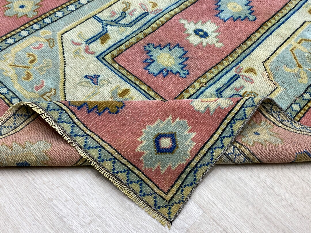 3x5 Red Blue Turkish Rug, Handmade Oushak Rug, White Faded Wool Rug ...