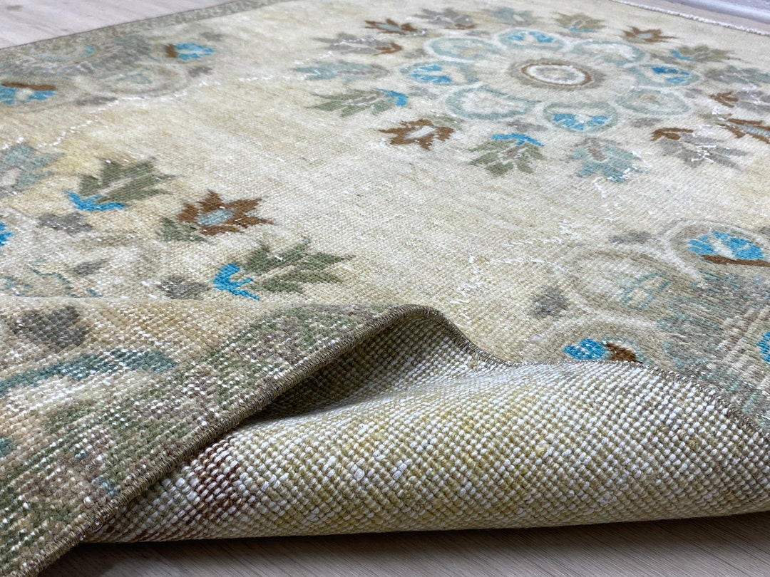 3x6 Beige Blue Turkish Rug, Green Handmade Rug, Oushak Runner, 3x6 ...