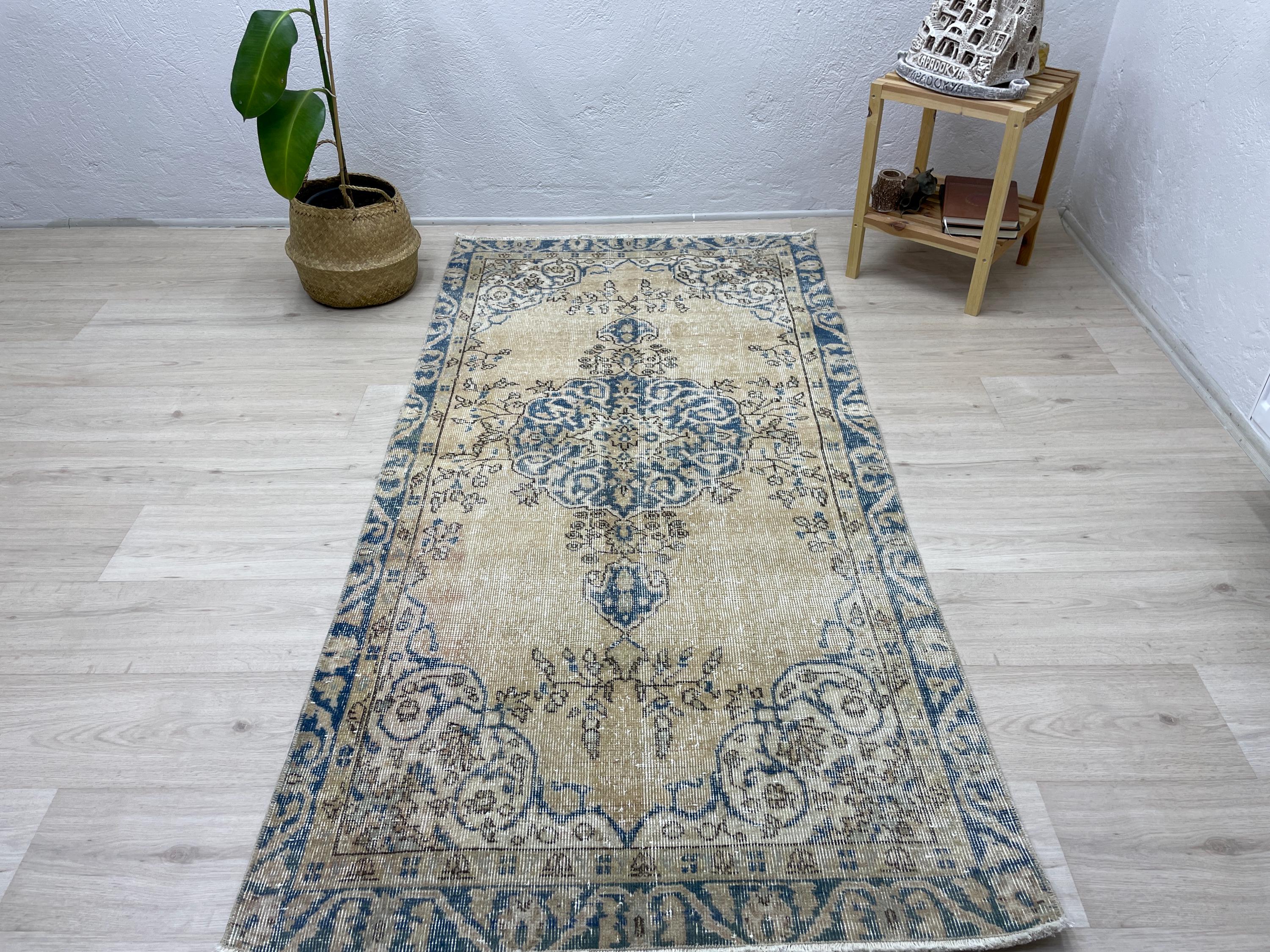 3x6 Blue and Beige Turkish Rug, Handmade Blue Rug, 3x6 Beige Oushak ...