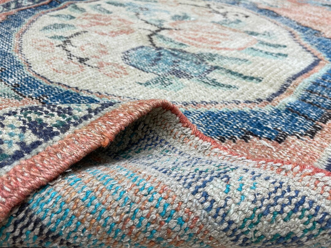 3x5 Orange Blue Turkish Rug, Handmade Oushak Rug, Vintage Faded Wool ...