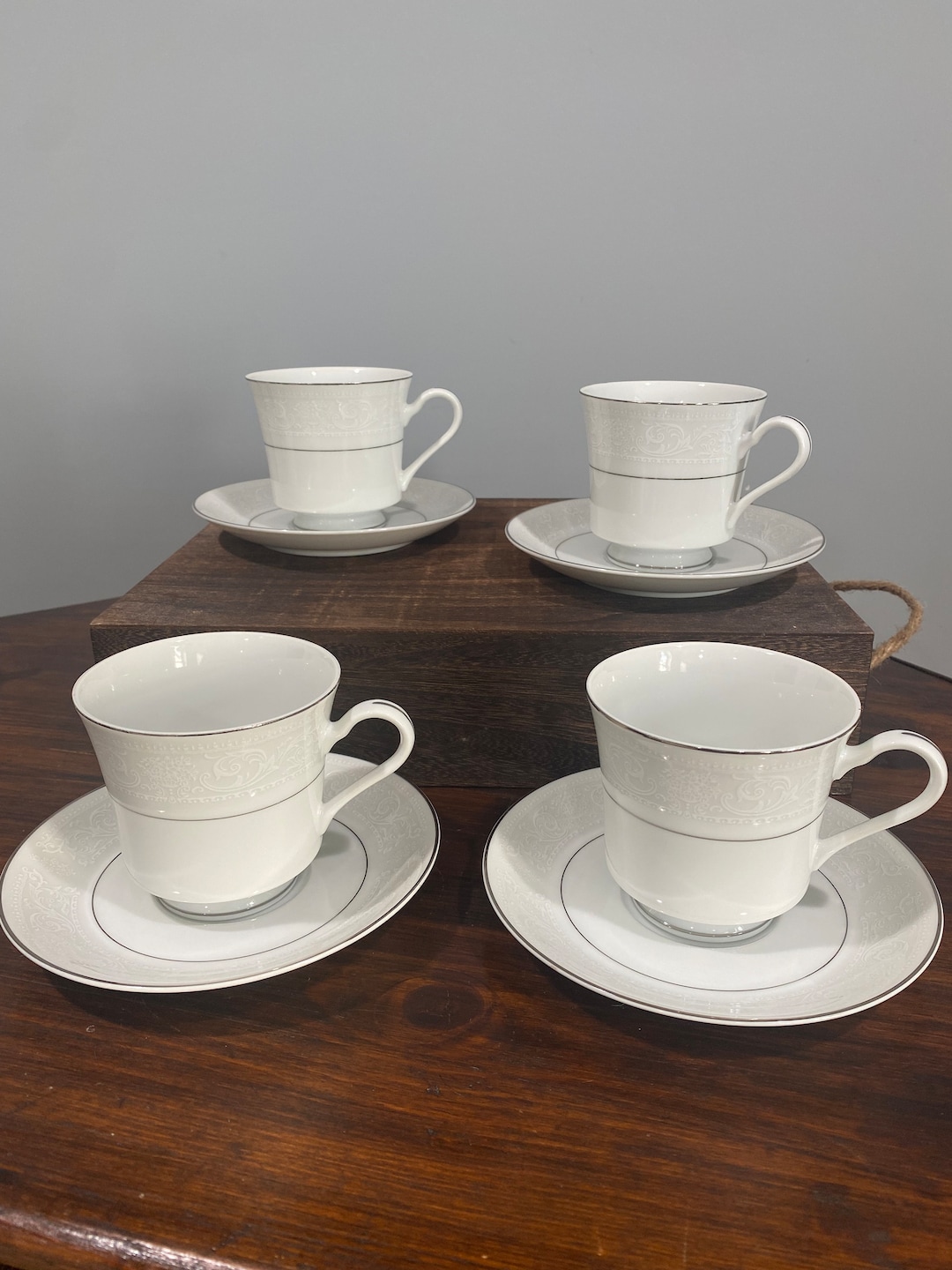 Set of 4 Teacup & Saucers Am Limoges Lace Bouquet / Translucent Salem ...