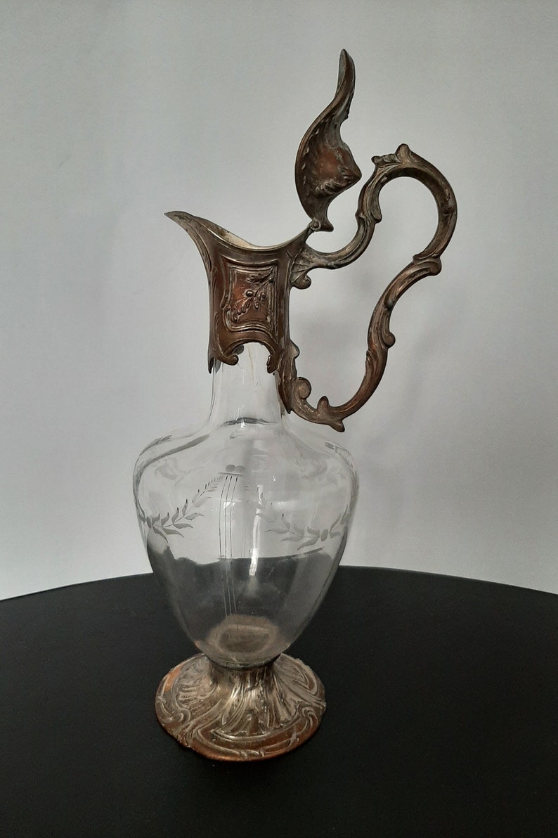 French Art Nouveau Wine Claret Jug Carafe Cut Glass and Silver Plated ...