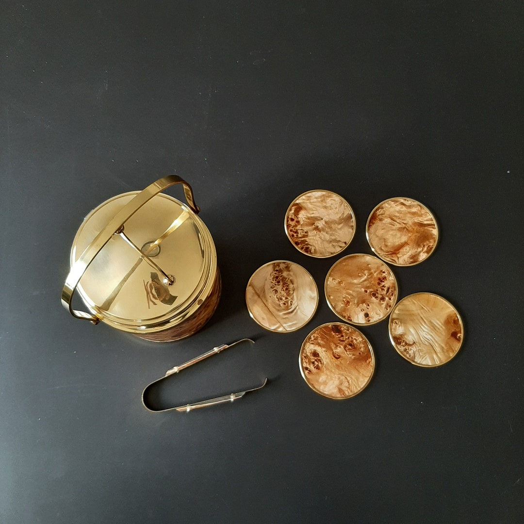 Ice Cube Bucket, Vintage Bar Set 1970s Faux Burl Wood and and Metal ...
