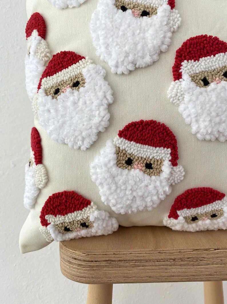 Festive Christmas Santa Faces Punch Embroidered Cushion Cover With ...