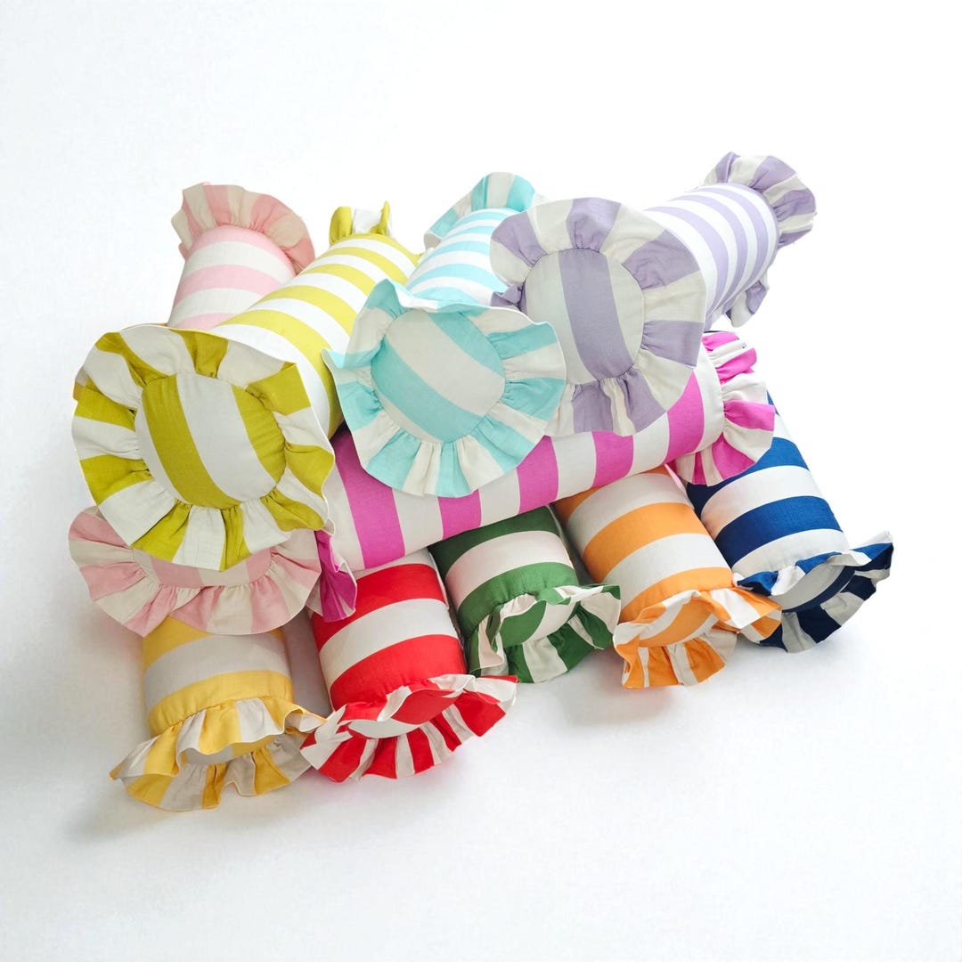 Handmade Striped Linen Bolster Pillow - Ruffle Edge Cushion - Cylinder ...