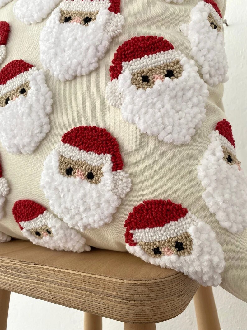 Festive Christmas Santa Faces Punch Embroidered Cushion Cover With Velvet Beards Noel Home Decor ...