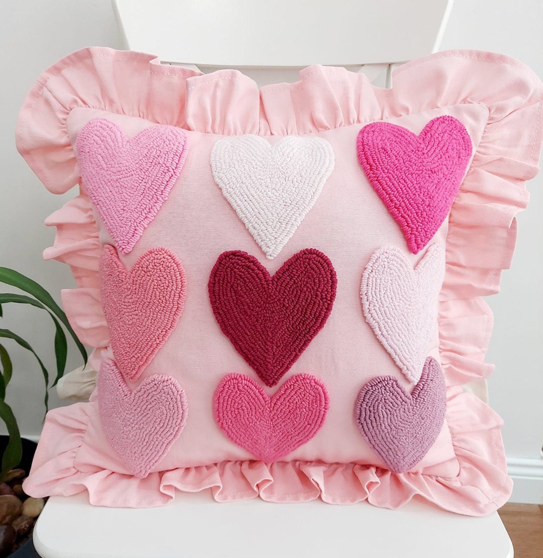 Handmade Pillow Cover - Pink Heart Ruffle Pillow - Ruffle Edge Pillow ...