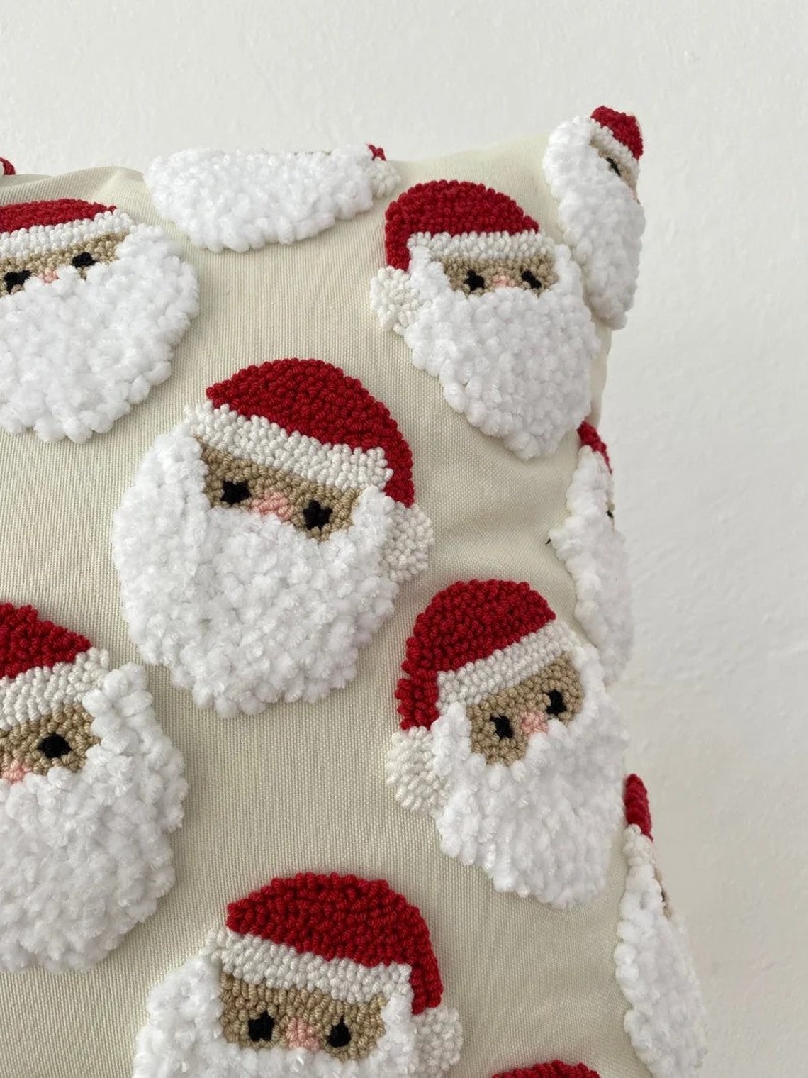 Festive Christmas Santa Faces Punch Embroidered Cushion Cover With ...
