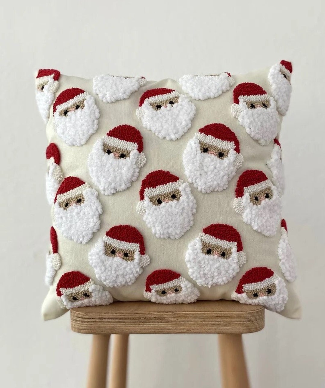 Festive Christmas Santa Faces Punch Embroidered Cushion Cover With ...