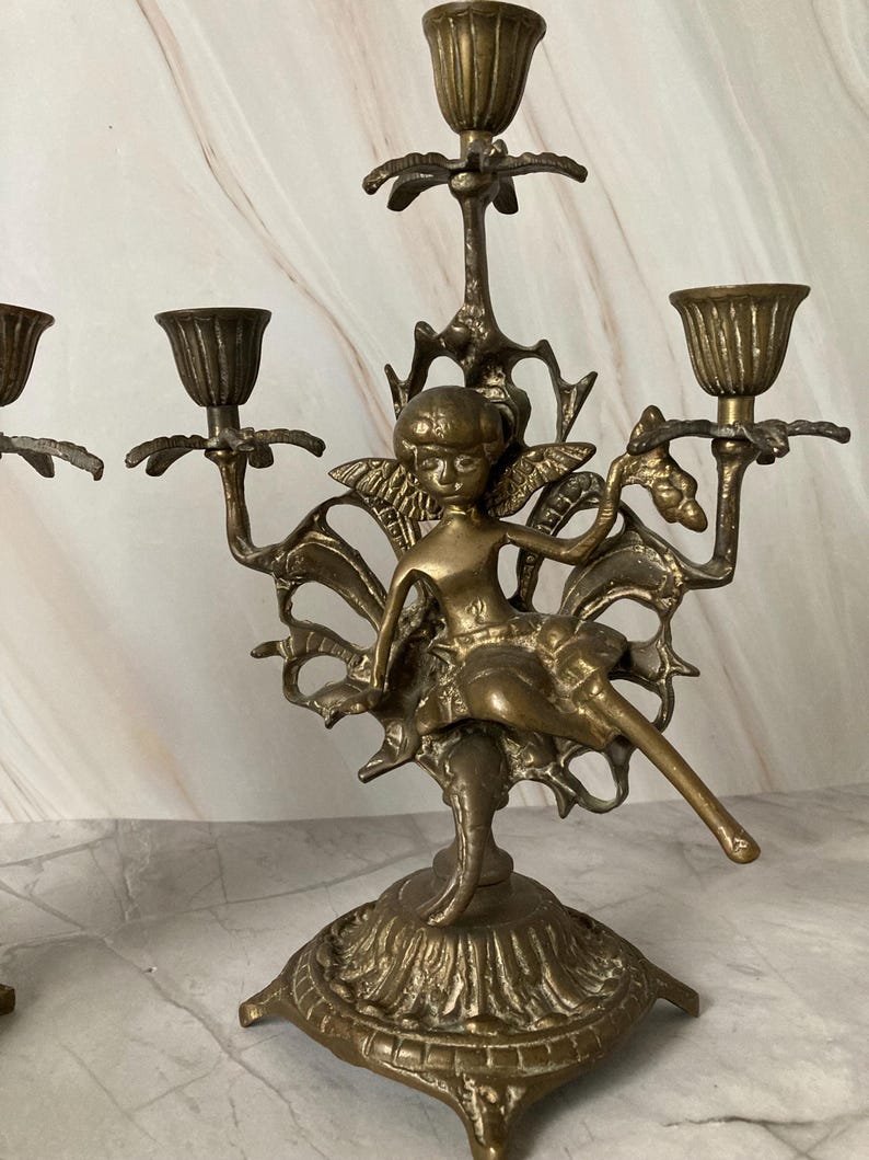 Pair of Antique Brass Cherub Candelabras – Sculptural European Candle ...