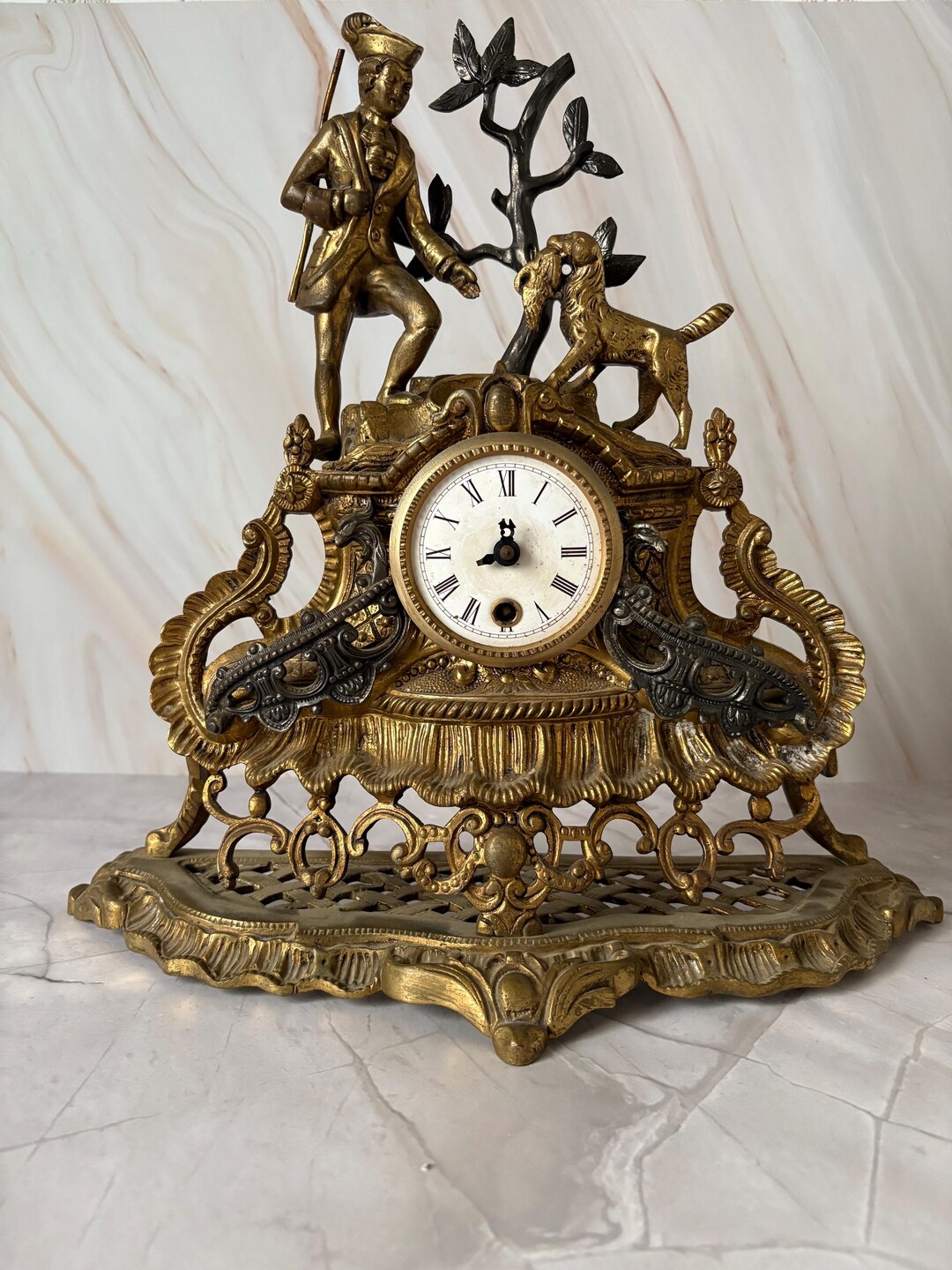 Antique French Hunting Mantel Clock - Bronze Brass - Ornate 19 Century ...