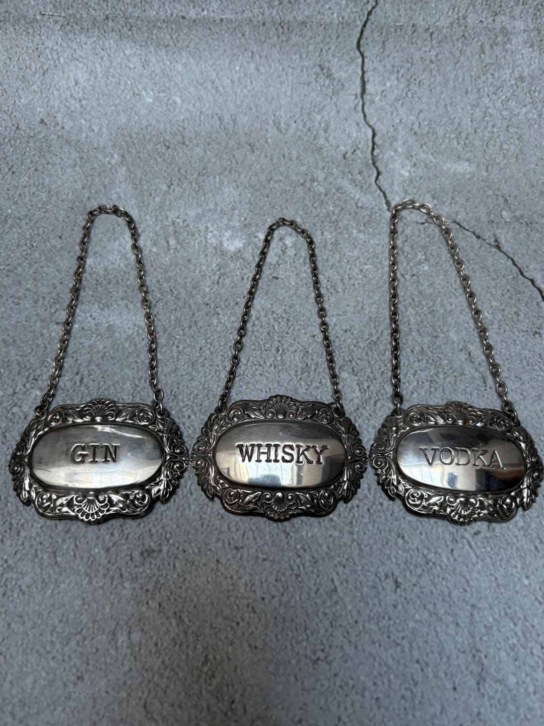 Vintage Silver Plated Decanter Labels – Gin, Whisky, Vodka – English ...