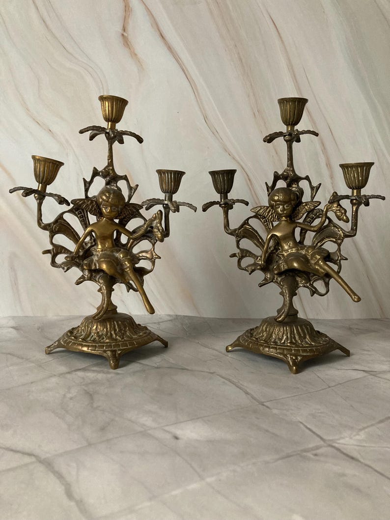 Pair of Antique Brass Cherub Candelabras – Sculptural European Candle ...