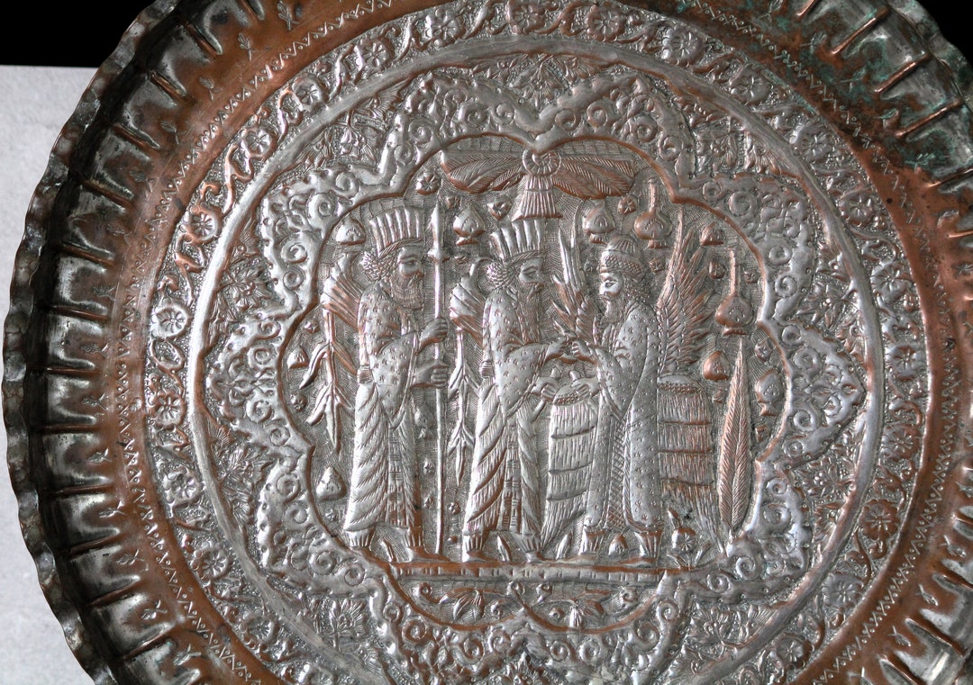 Antique Copper Plated Tray With Silver Overlay Depicting a Scene From ...