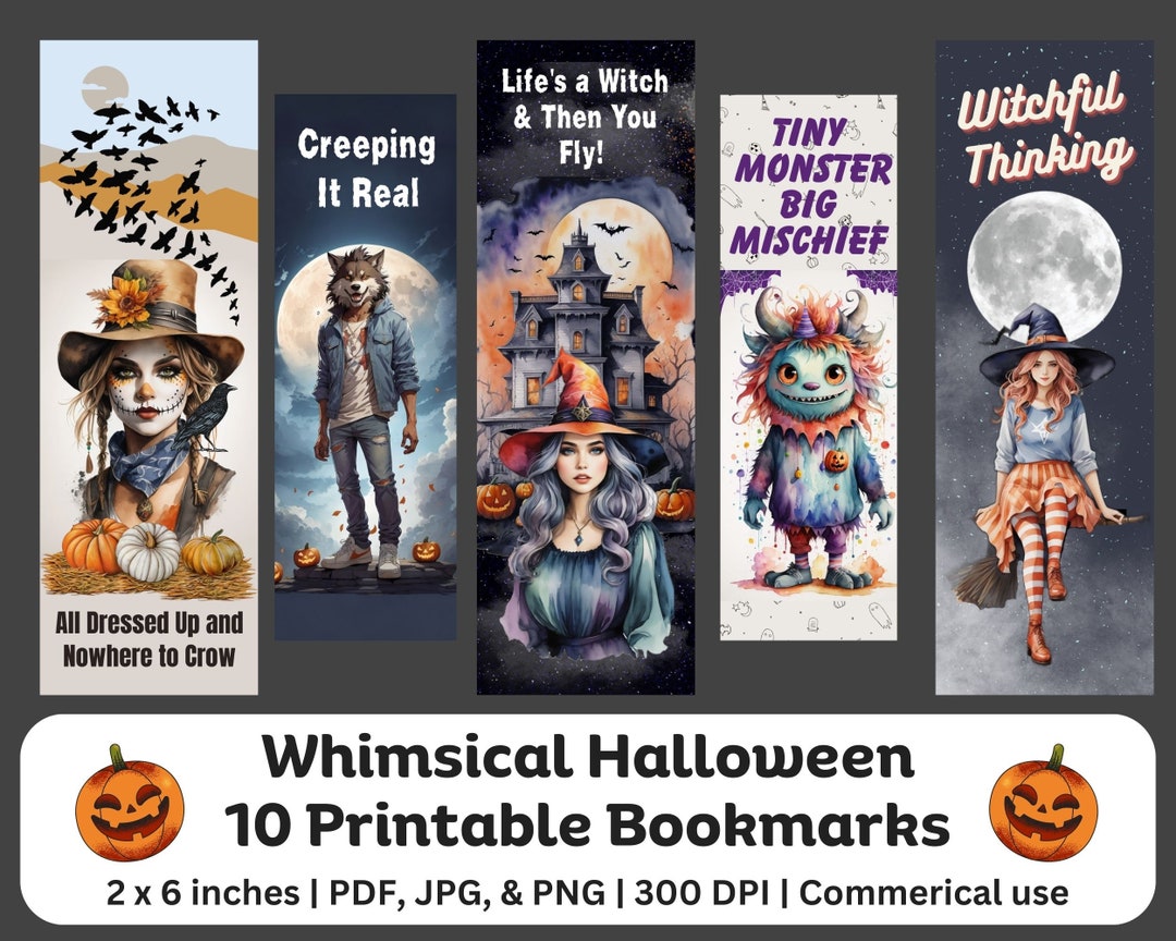 10 Whimsical Halloween Printable Bookmarks | Cute Bookmark Set ...