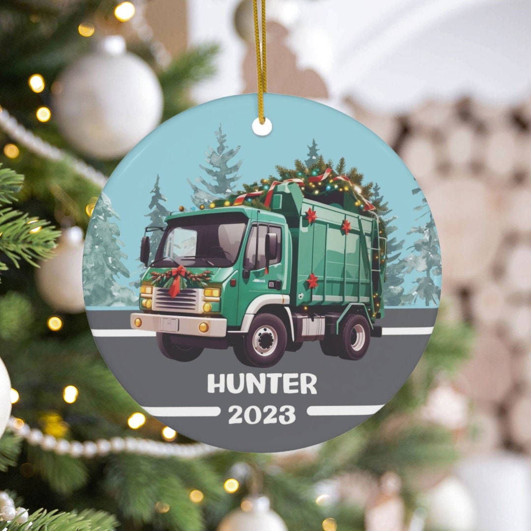 Personalized Green Garbage Truck Christmas Tree Ornament, Custom Name ...
