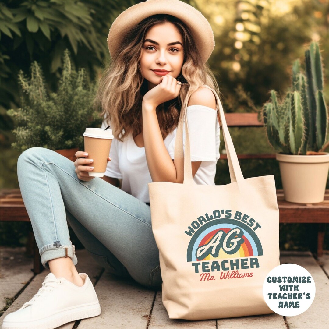 Personalized Retro Ag Teacher Canvas Bag, Custom Name Rainbow Tote Bag ...