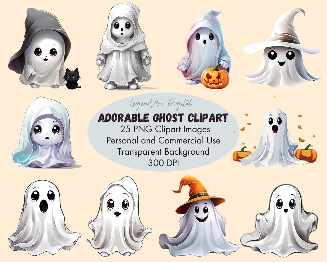 25 Cute Halloween Ghost Clipart Pngs, Watercolor Clipart, Halloween PNG ...
