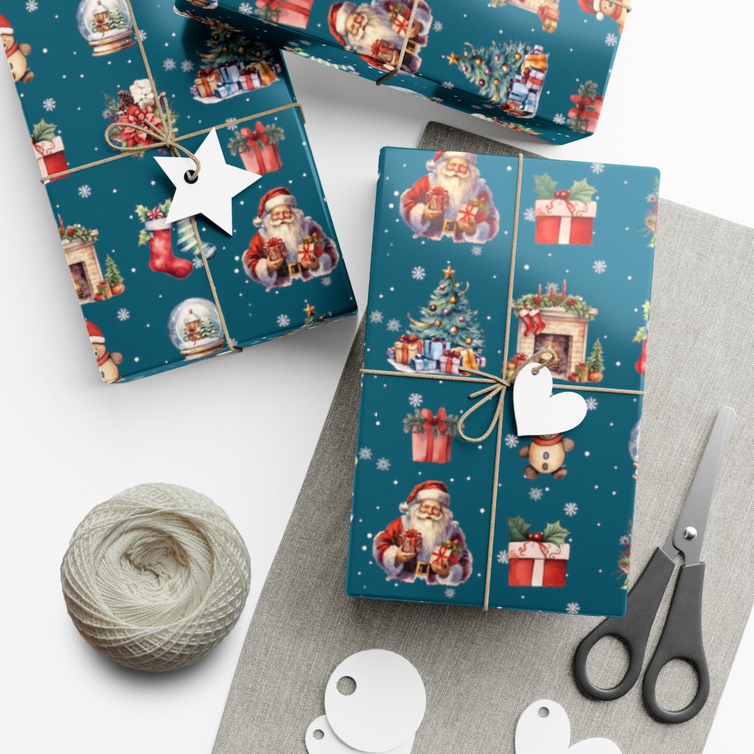 Blue Santa Claus Wrapping Paper, Santa Claus Gift Wrap, Boys Retro ...