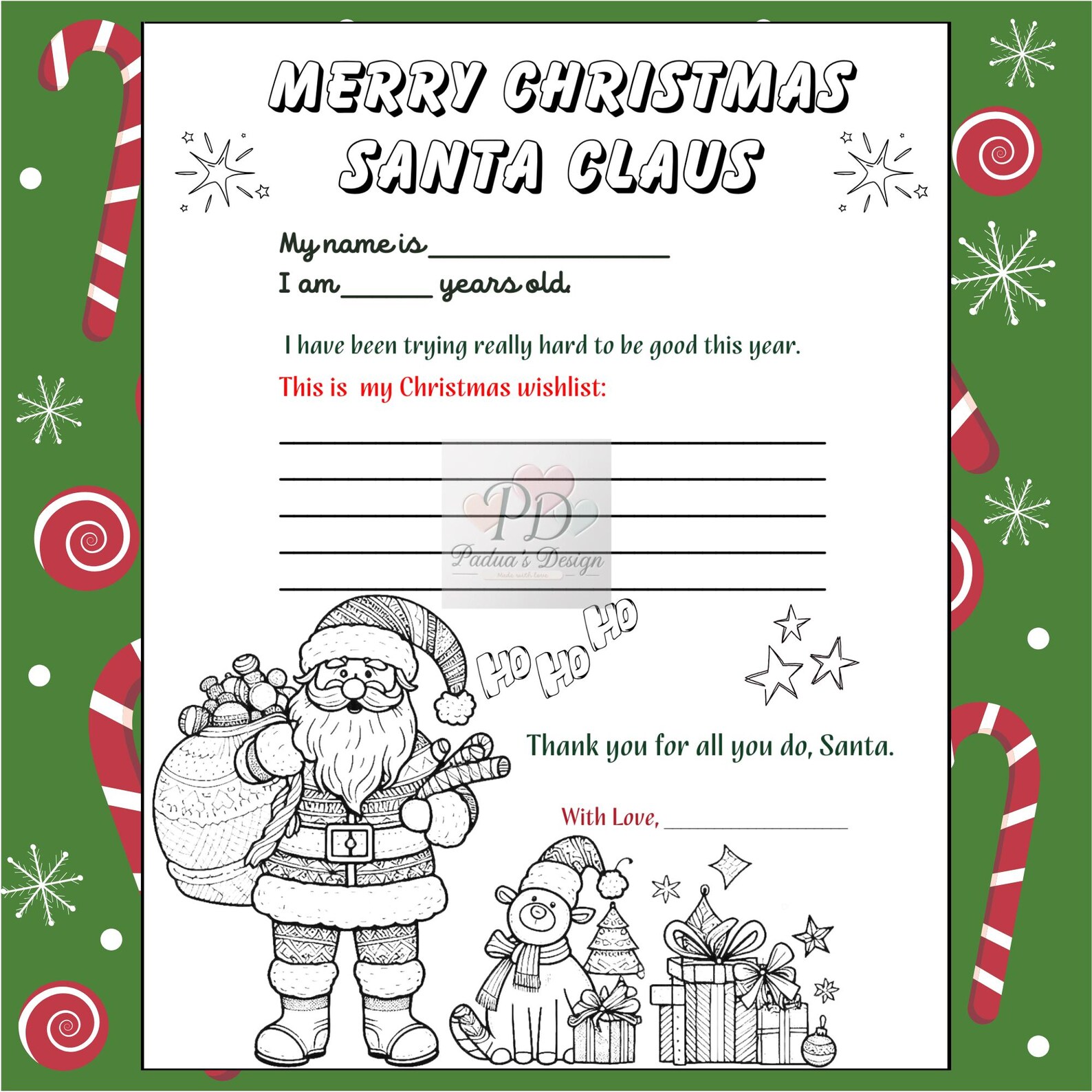 Santa Letter Coloring Page: Christmas Wish List (printable PDF) - Etsy