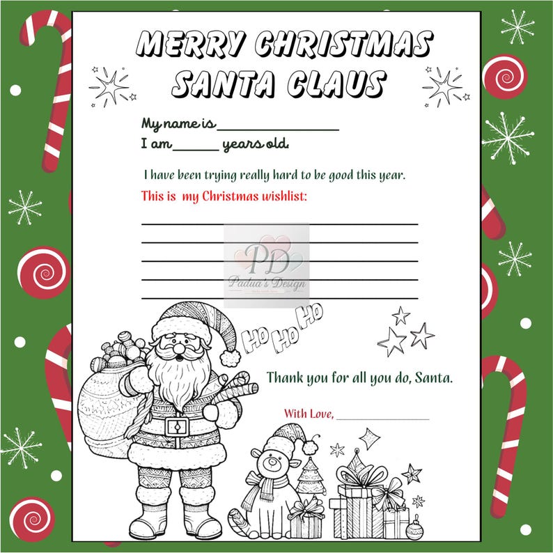 Santa Letter Coloring Page: Christmas Wish List (printable PDF) - Etsy