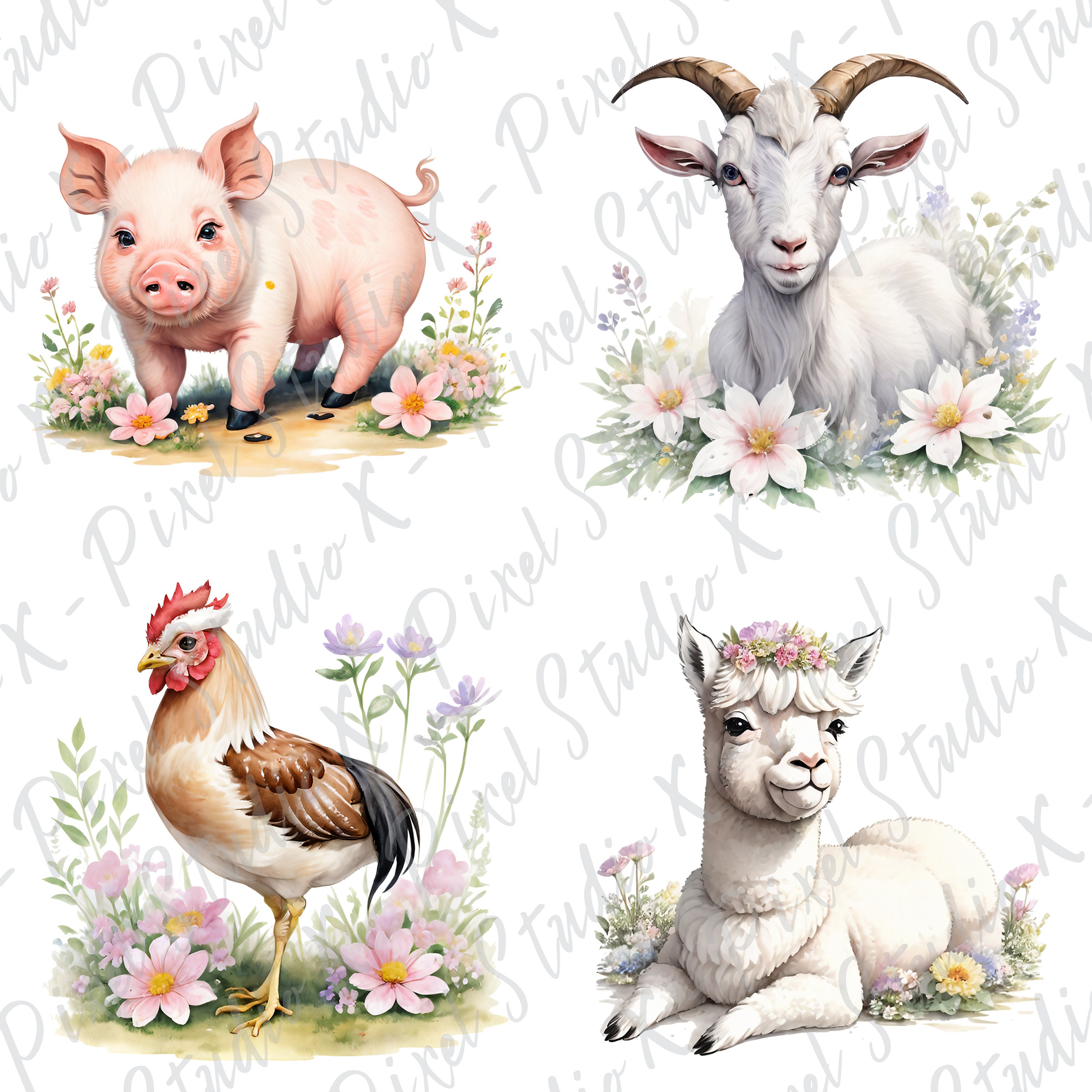 Watercolor Farm Animals PNG Bundle | 12 Cute Barnyard Animal Clipart ...