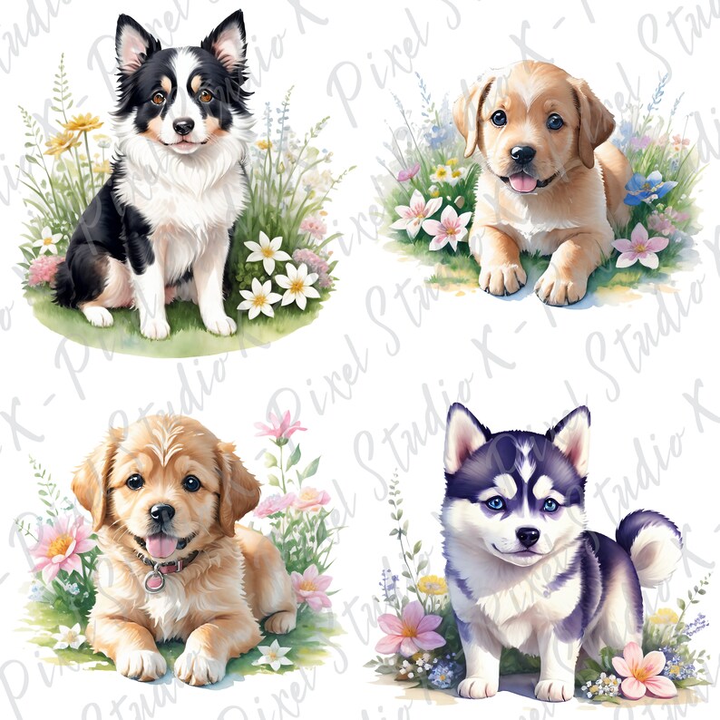 Watercolor Dogs PNG Bundle 12 Cute Dogs Animal Clipart for Nursery Baby ...